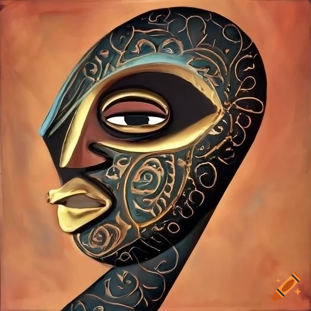 Picasso-style surreal abstract of african tribe in red and gold on Craiyon