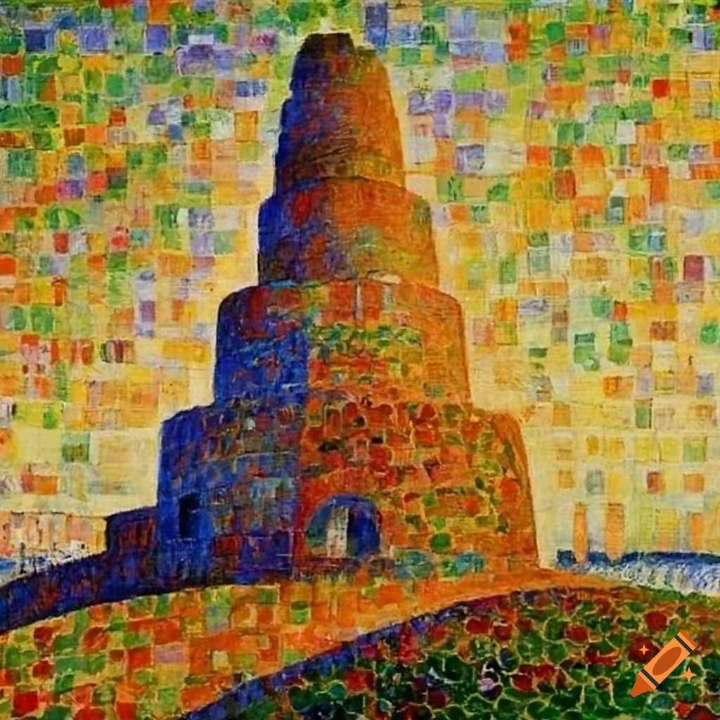 Pointillism painting of the babel tower on Craiyon