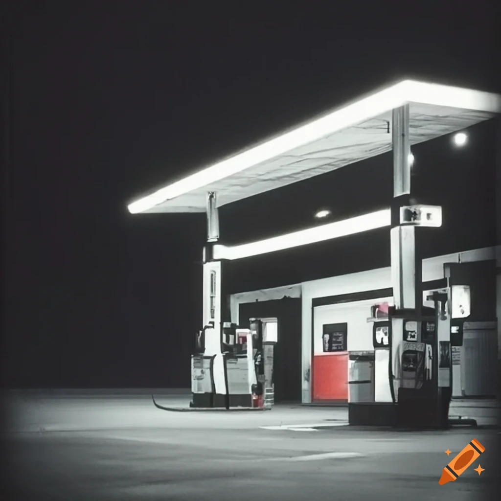 Nighttime photo of an empty gas station on Craiyon
