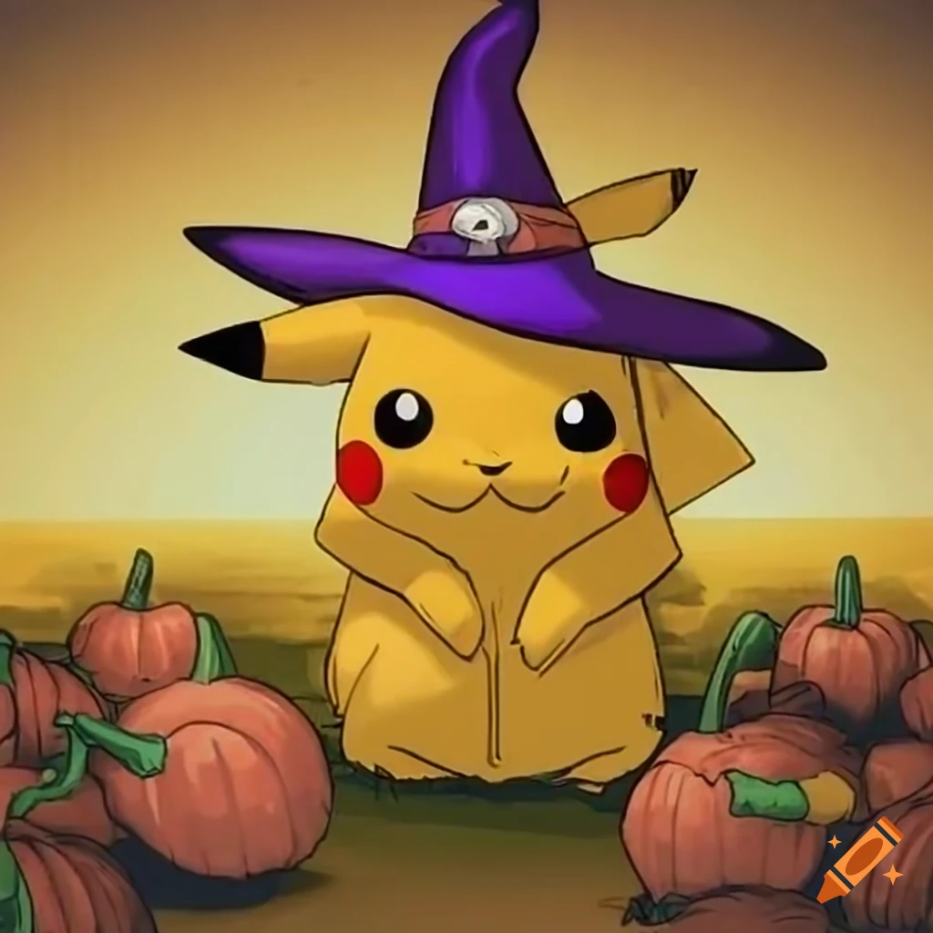 Pikachu wearing a witch hat in a pumpkin patch on Craiyon