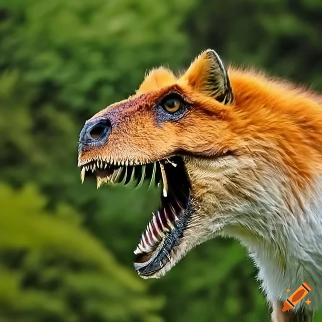 Digital art of a determined t-rex and fox hybrid in a forest on Craiyon