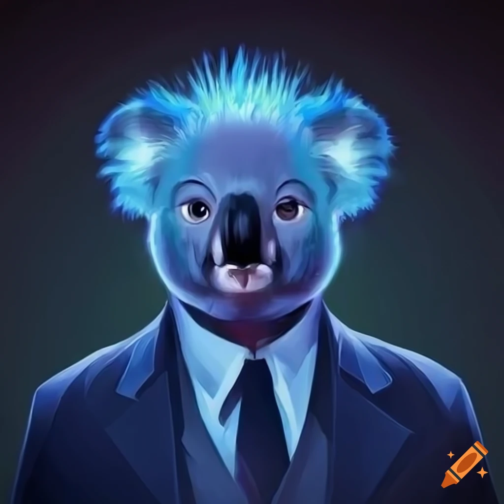 Illustration of a super koala with fiery blue hair and glowing aura on ...