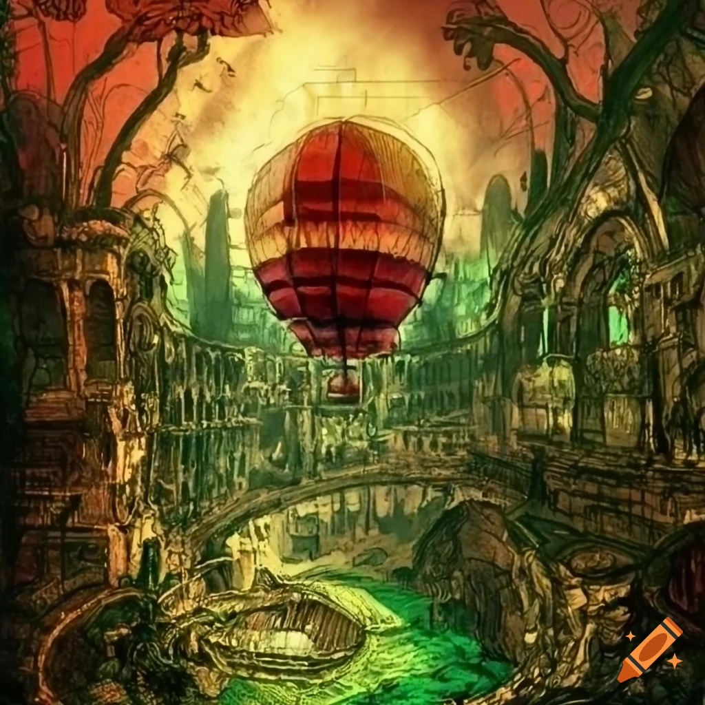 Steampunk airship overgrown jungle cityscape on Craiyon