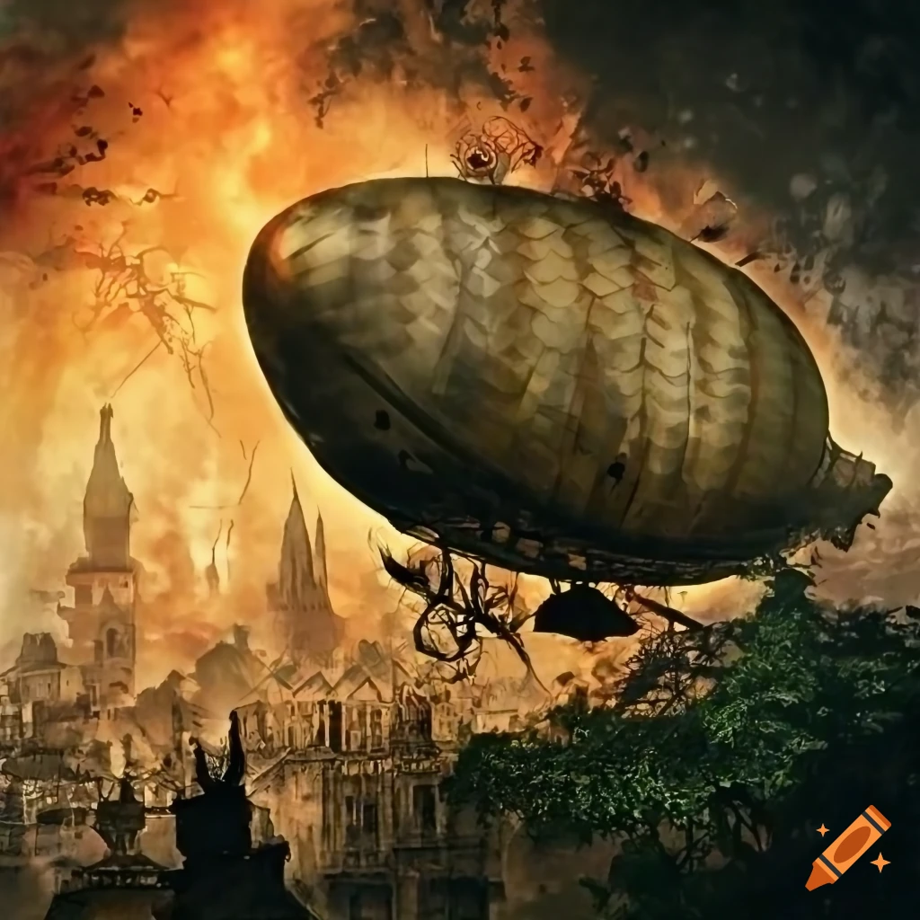 Airship on fire over a city consumed by nature on Craiyon