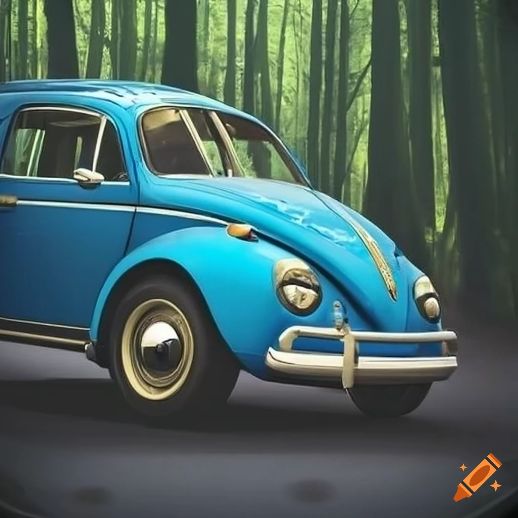 Blue volkswagen car on a forest road