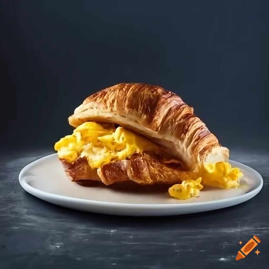 Scrumptious breakfast croissant with egg, bacon, and melted cheese on ...