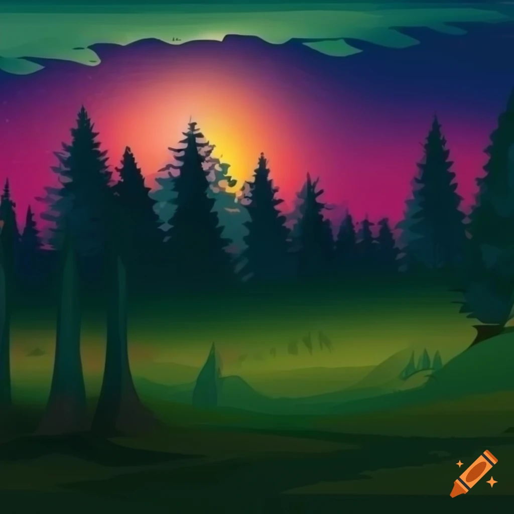 Cartoon illustration of an evening meadow with a dark forest