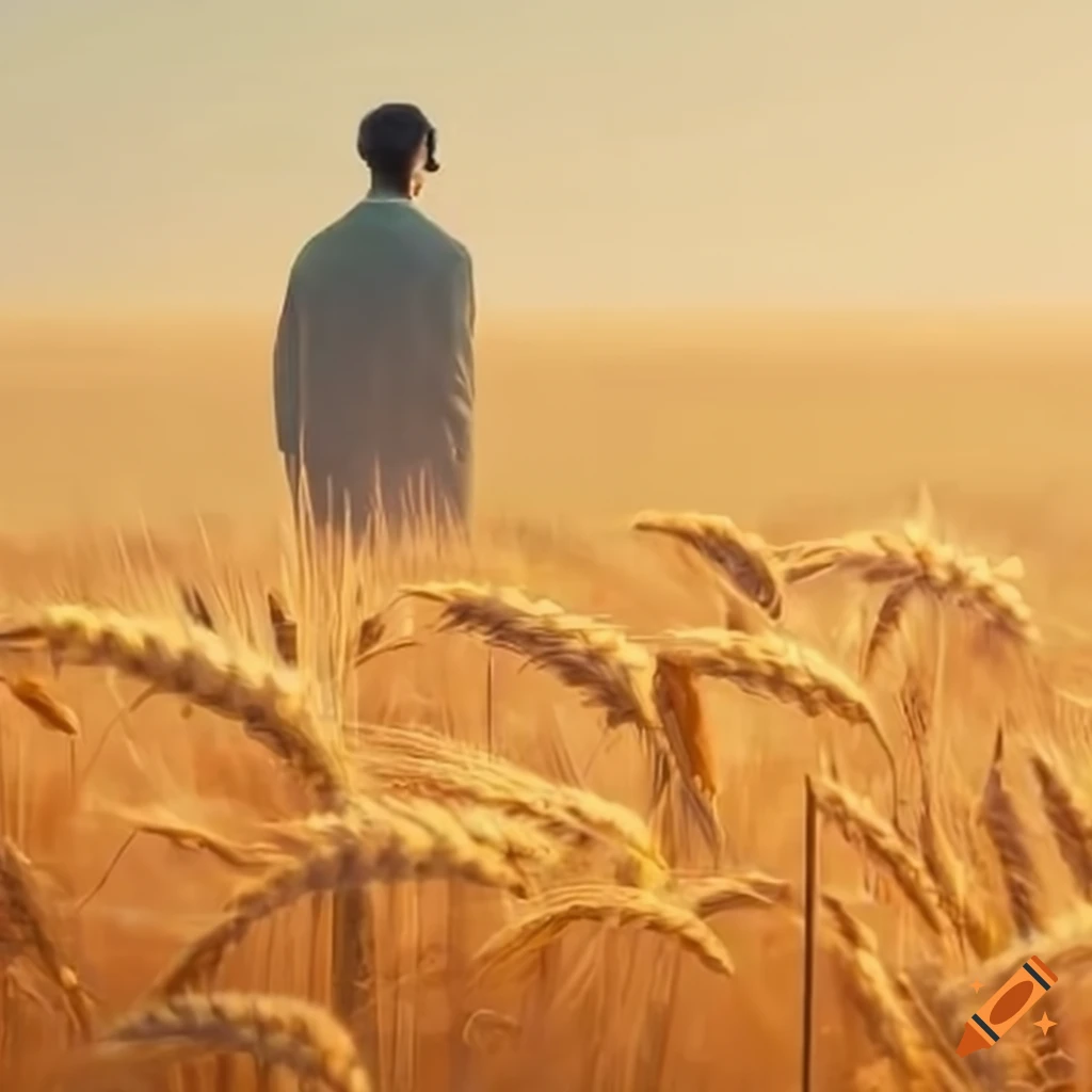 Misty wheat field with a person standing