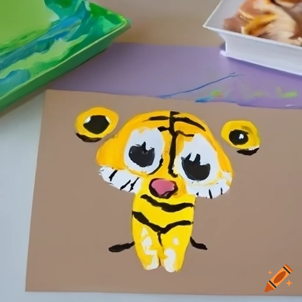 Kids painting of a funny yellow tiger