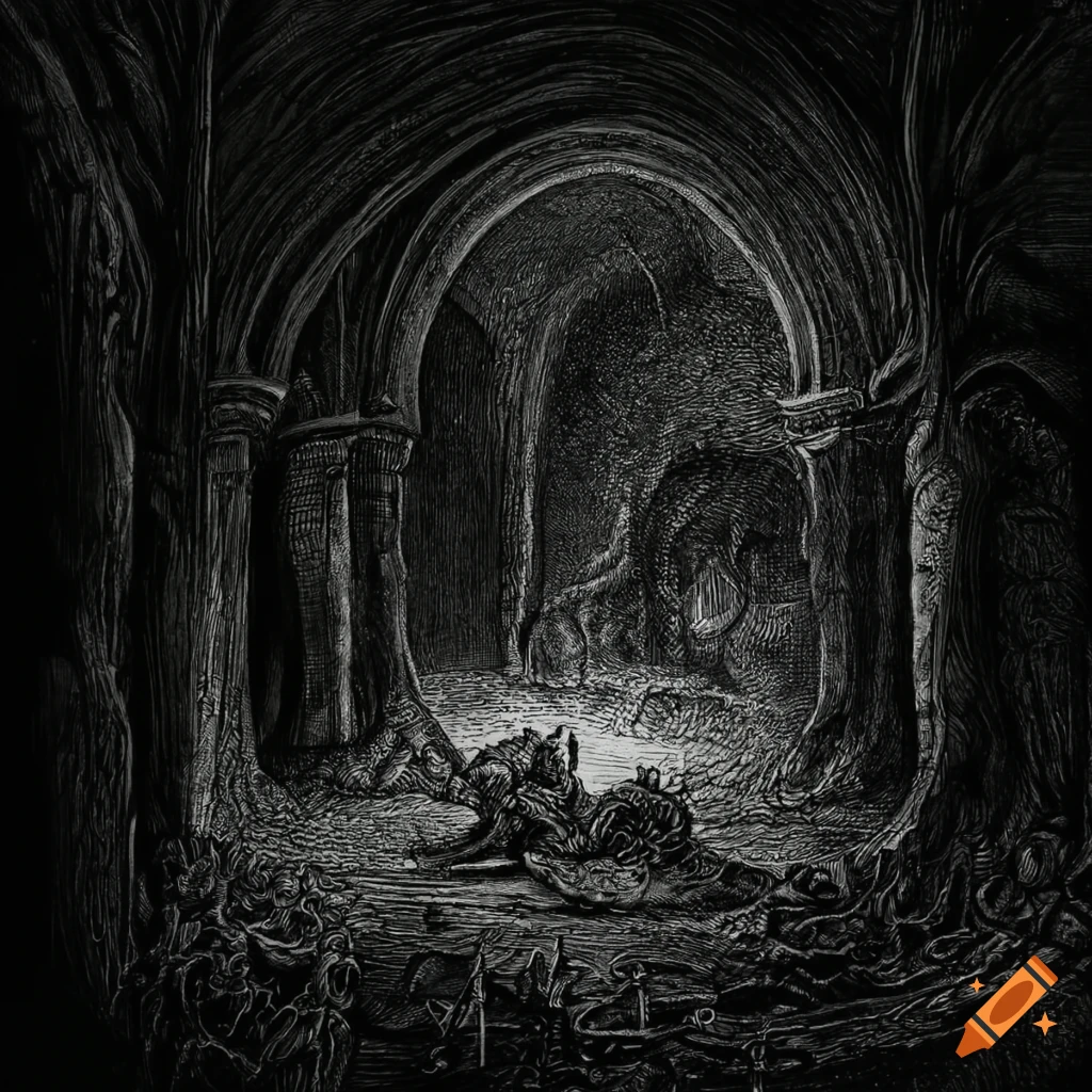 Detailed black and white drawing of a dark ages scene on Craiyon