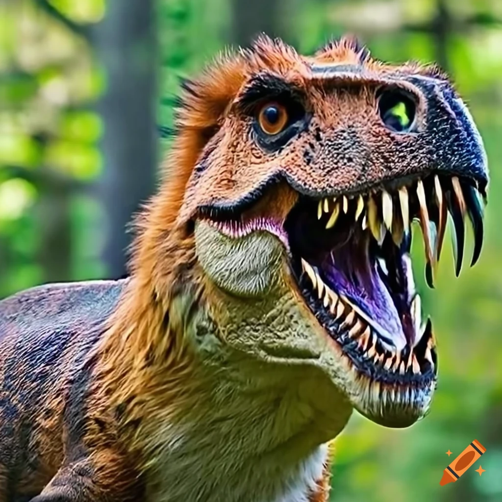 Digital art of a determined t-rex and fox hybrid in a forest on Craiyon
