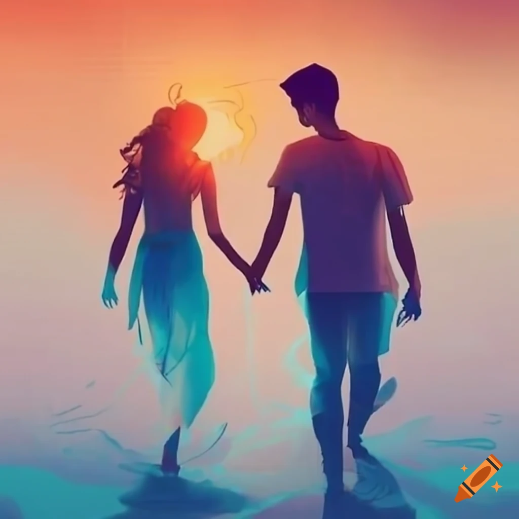 Cartoon illustration of a couple watching the sunset on Craiyon