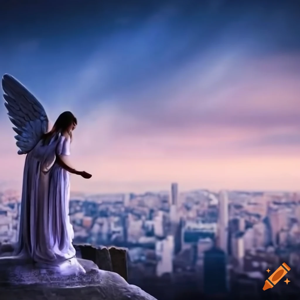 Artistic depiction of an angel standing above a city on Craiyon