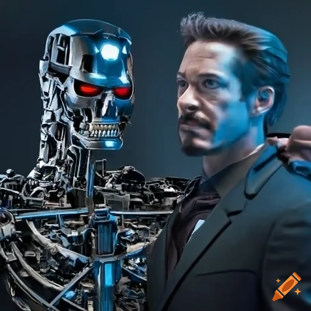 Graphic illustration of terminator fighting iron man
