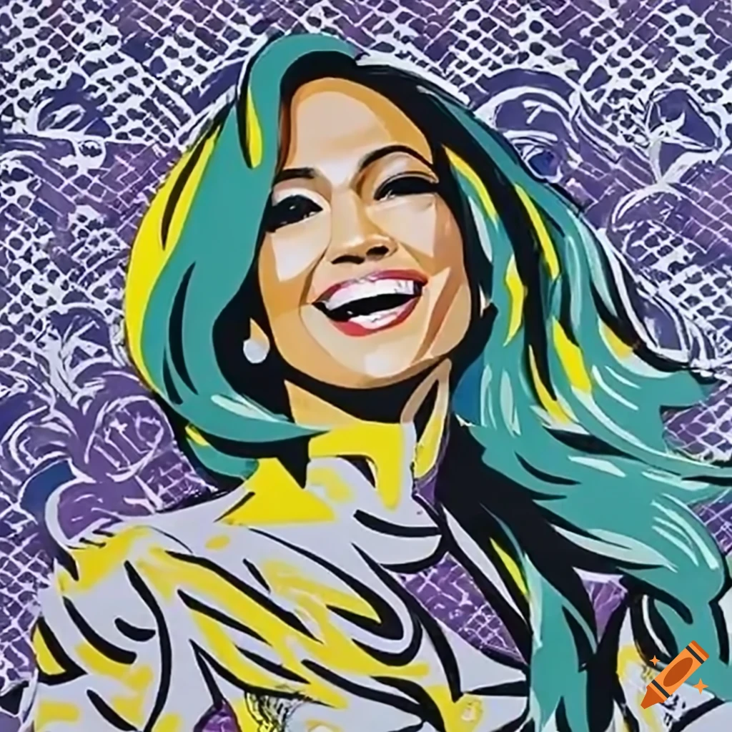 Jennifer lopez painted by roy lichtenstein in a flower garden on Craiyon