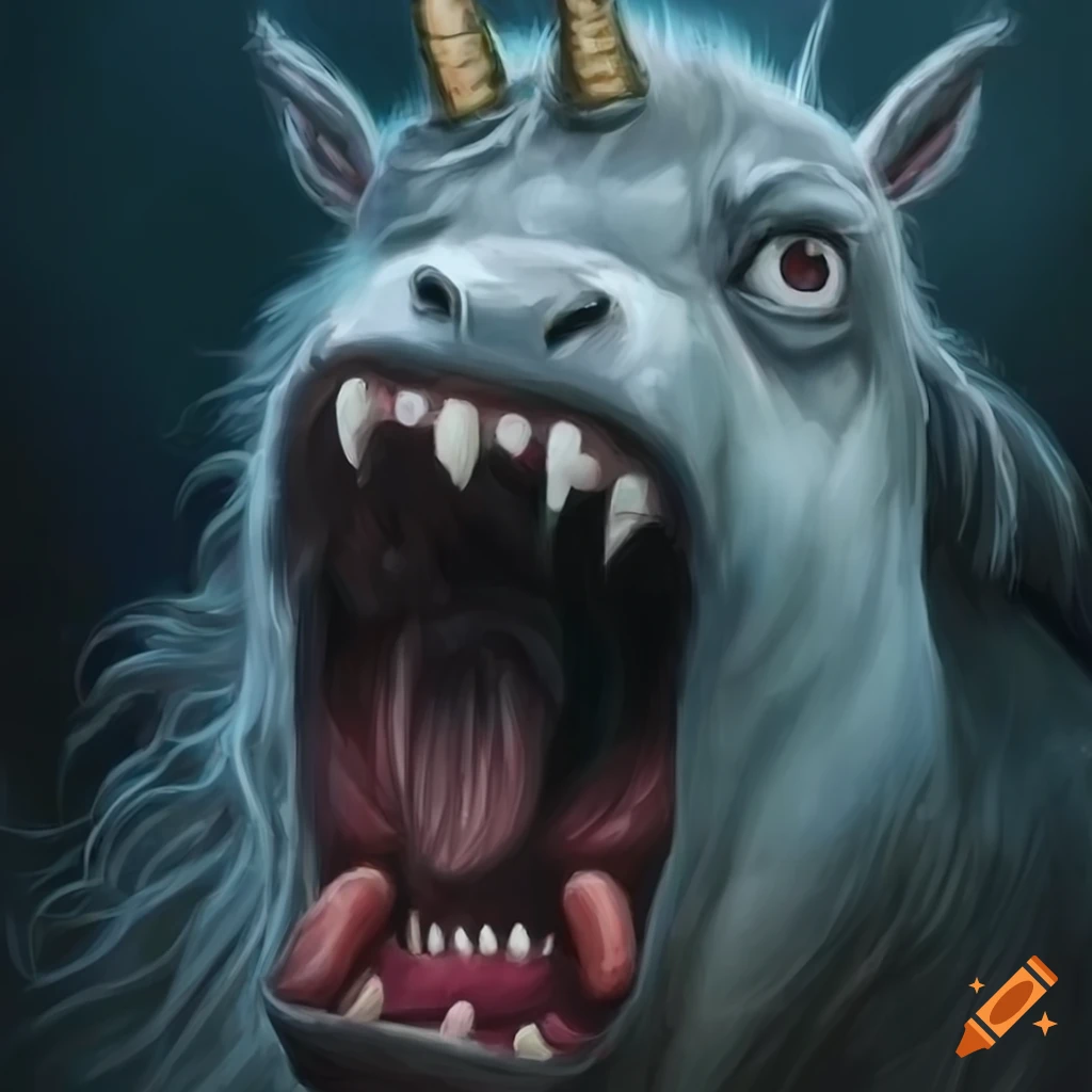 Screaming unicorns in a horror-themed illustration on Craiyon