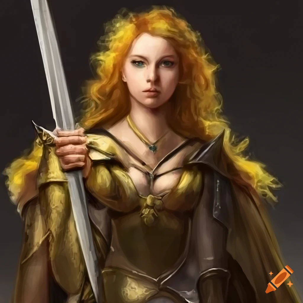 Portrait of a female paladin with golden hair and a spear on Craiyon