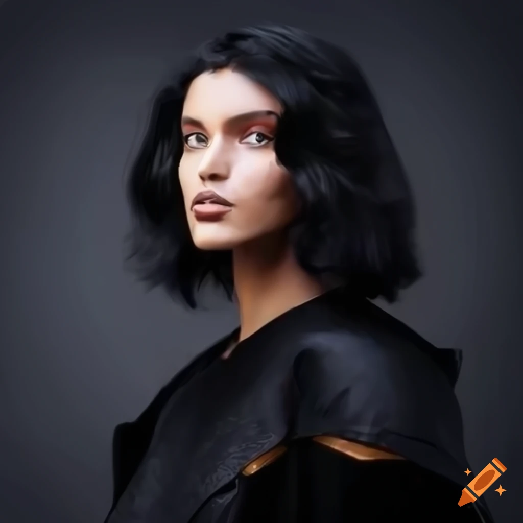 Image of a female mage in black robes with a mischievous smile on Craiyon