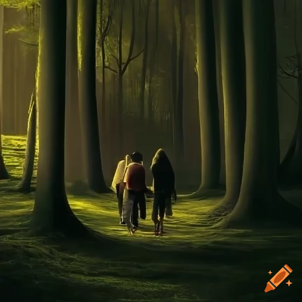 3D digital art of people following a guiding light in the woods on Craiyon