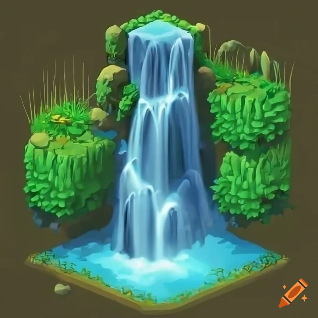 Isometric top-down view of a waterfall in a video game on Craiyon