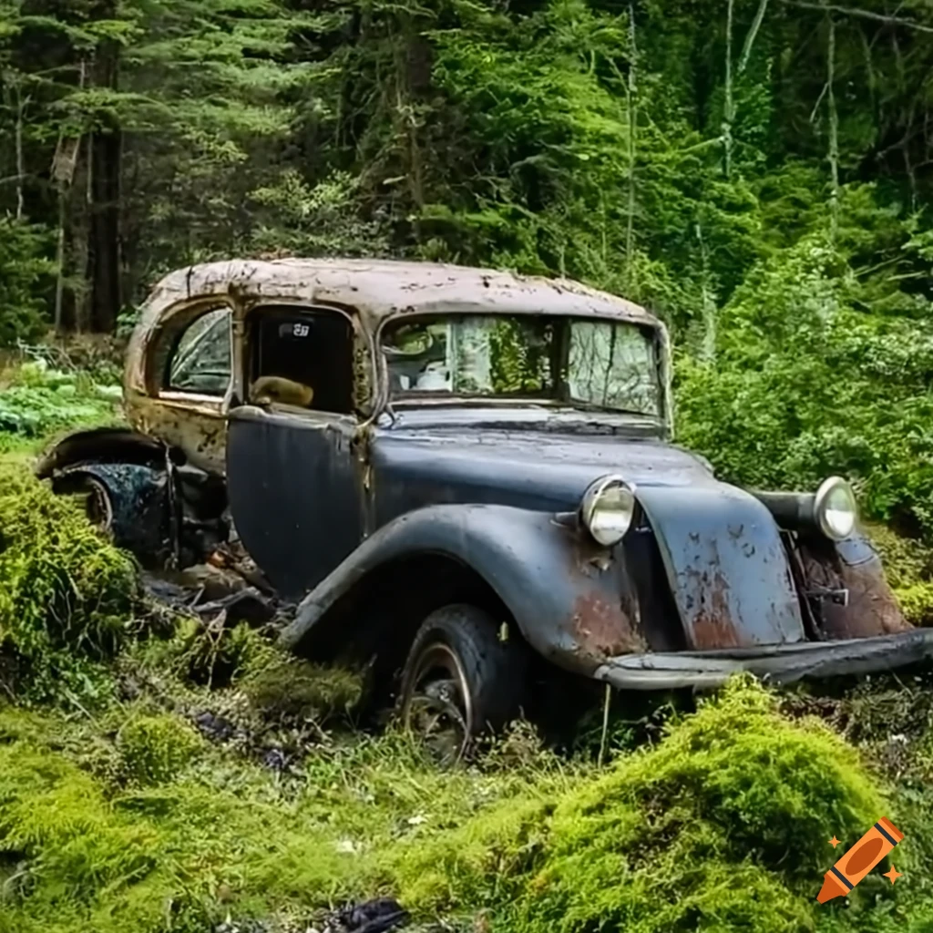 Post-apocalyptic photography of an abandoned car with moss and mushrooms