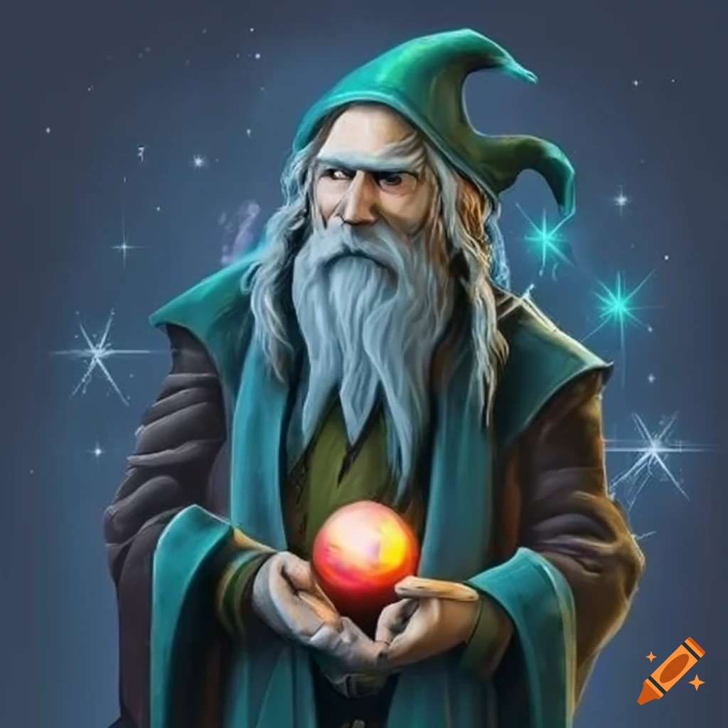 Hobbit Wizard with a cloak of stars and a mystical orb on Craiyon