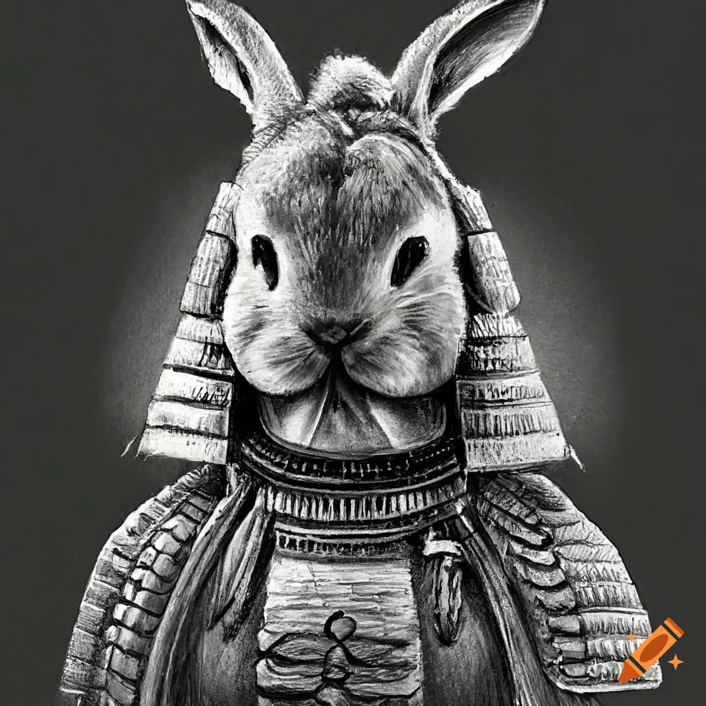 Watercolor painting of a one-eyed samurai rabbit
