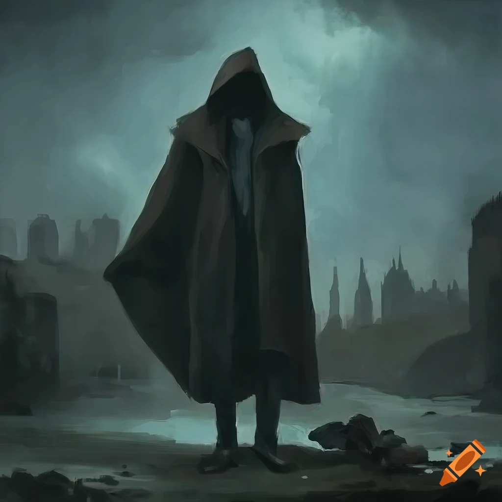 Oil painting of a mysterious figure in the ruins on Craiyon