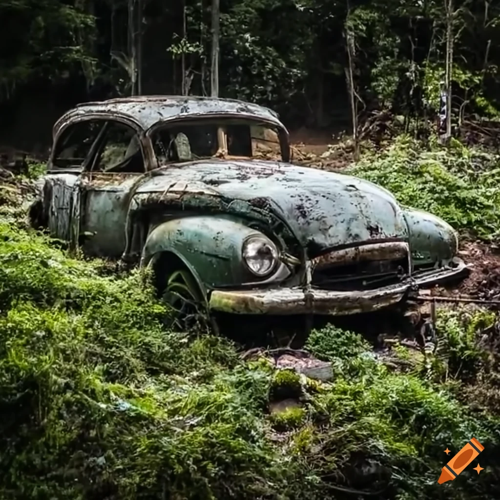 Post-apocalyptic photography of an abandoned car with moss and ...