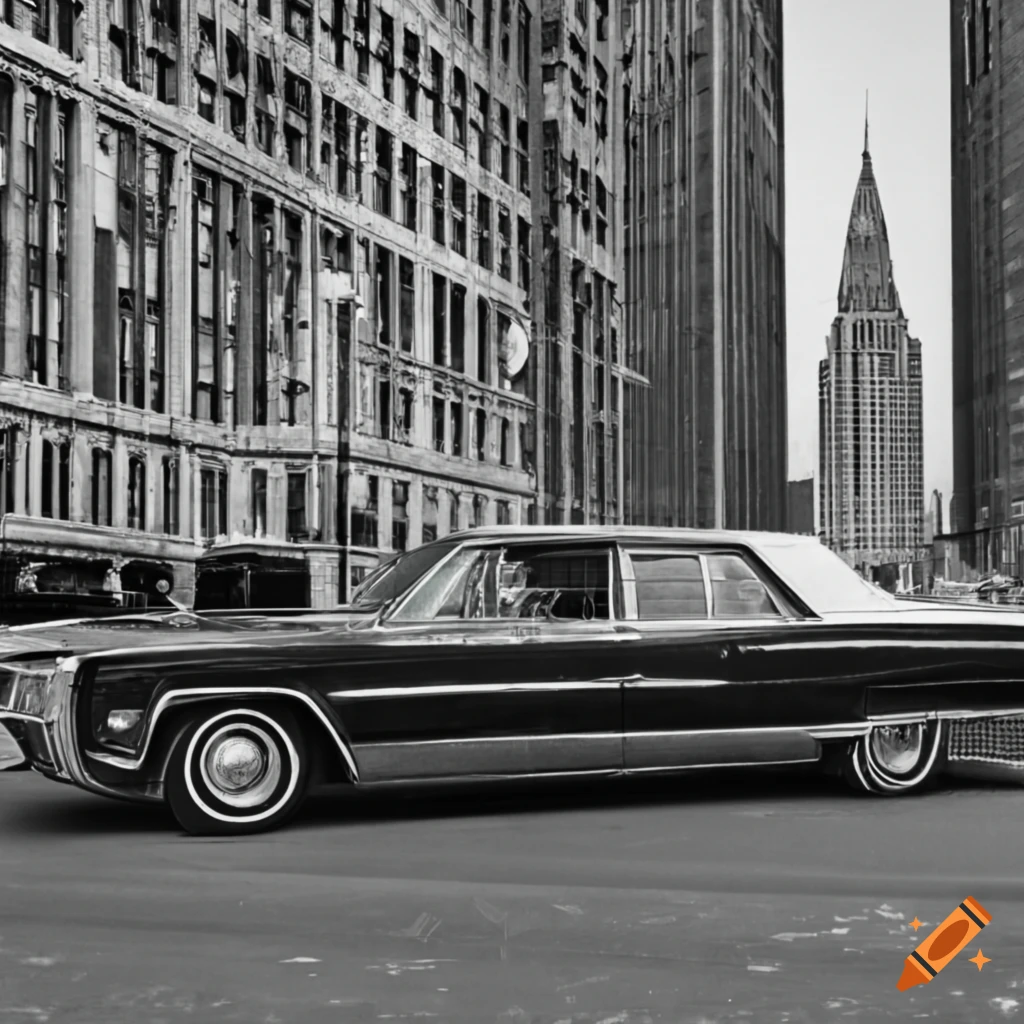 Monochrome photo of a black chrysler crown imperial in downtown detroit ...