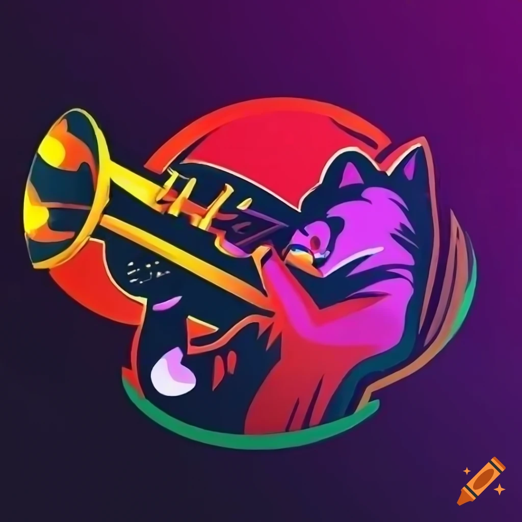Logo for a gaming event featuring a cat playing trumpet on Craiyon