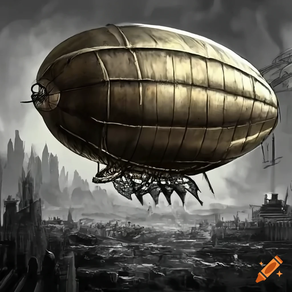 Epic steampunk battle scene with airships and ground troops on Craiyon