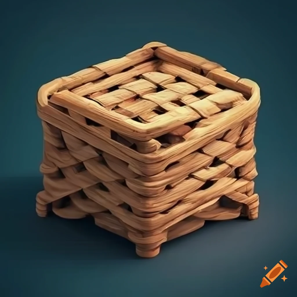 2d isometric artwork of a wooden woven basket on Craiyon