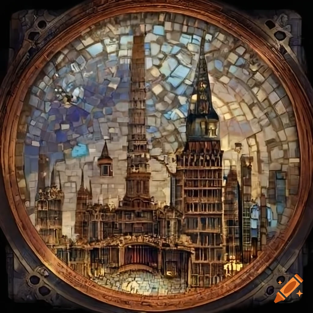 Mosaic artwork of a steampunk city on Craiyon