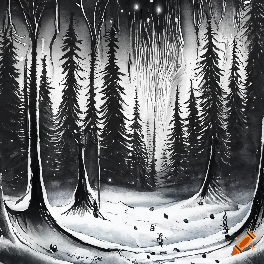 Ink drawing of a nordic forest in the snow
