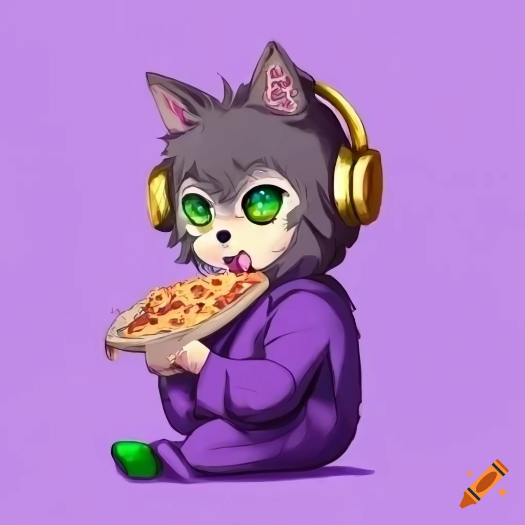 Chibi grey wolf with green eyes and headphones eating pizza on Craiyon