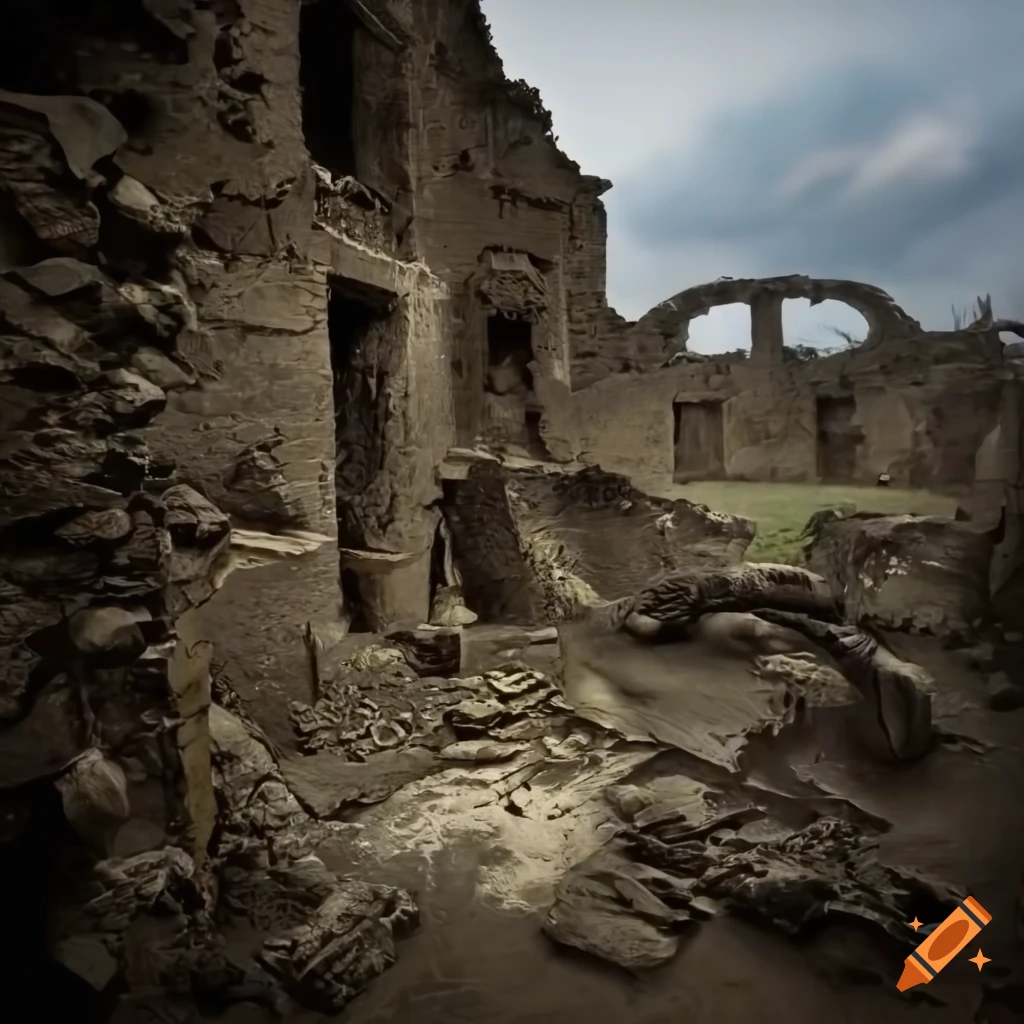 Top view of a defeated giant on village ruins on Craiyon