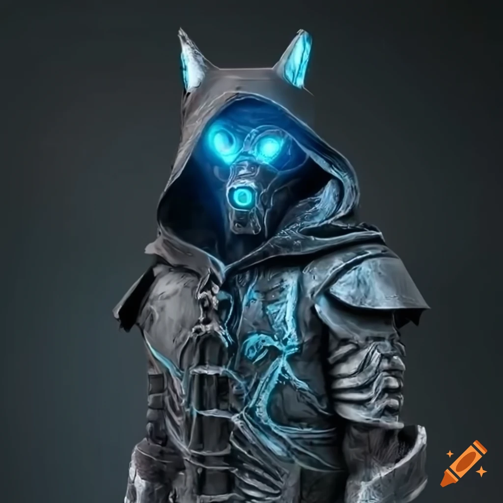 Dark figure with a plasma sword and robotic wolf mask on Craiyon