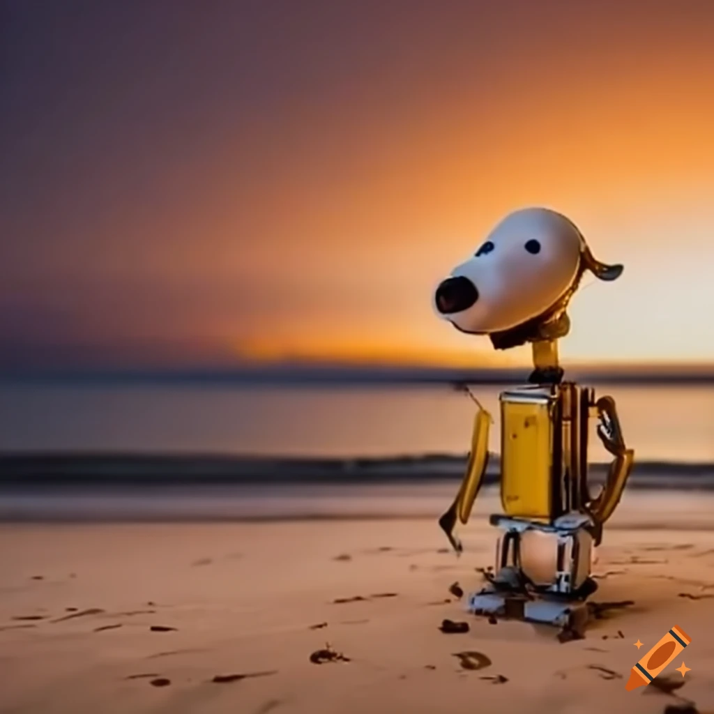 Snoopy repairing a robot on the beach at sunset on Craiyon