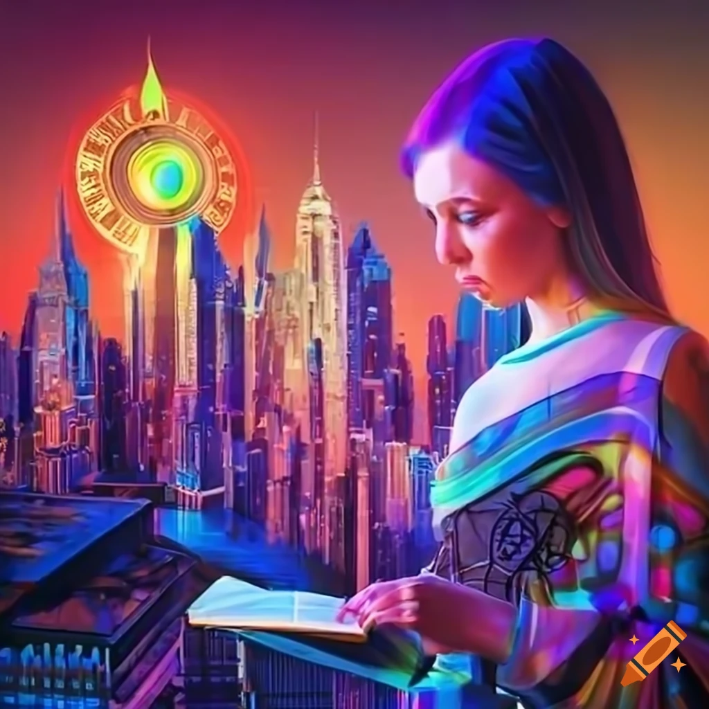 Woman reading a book in front of a futuristic holographic cityscape on ...