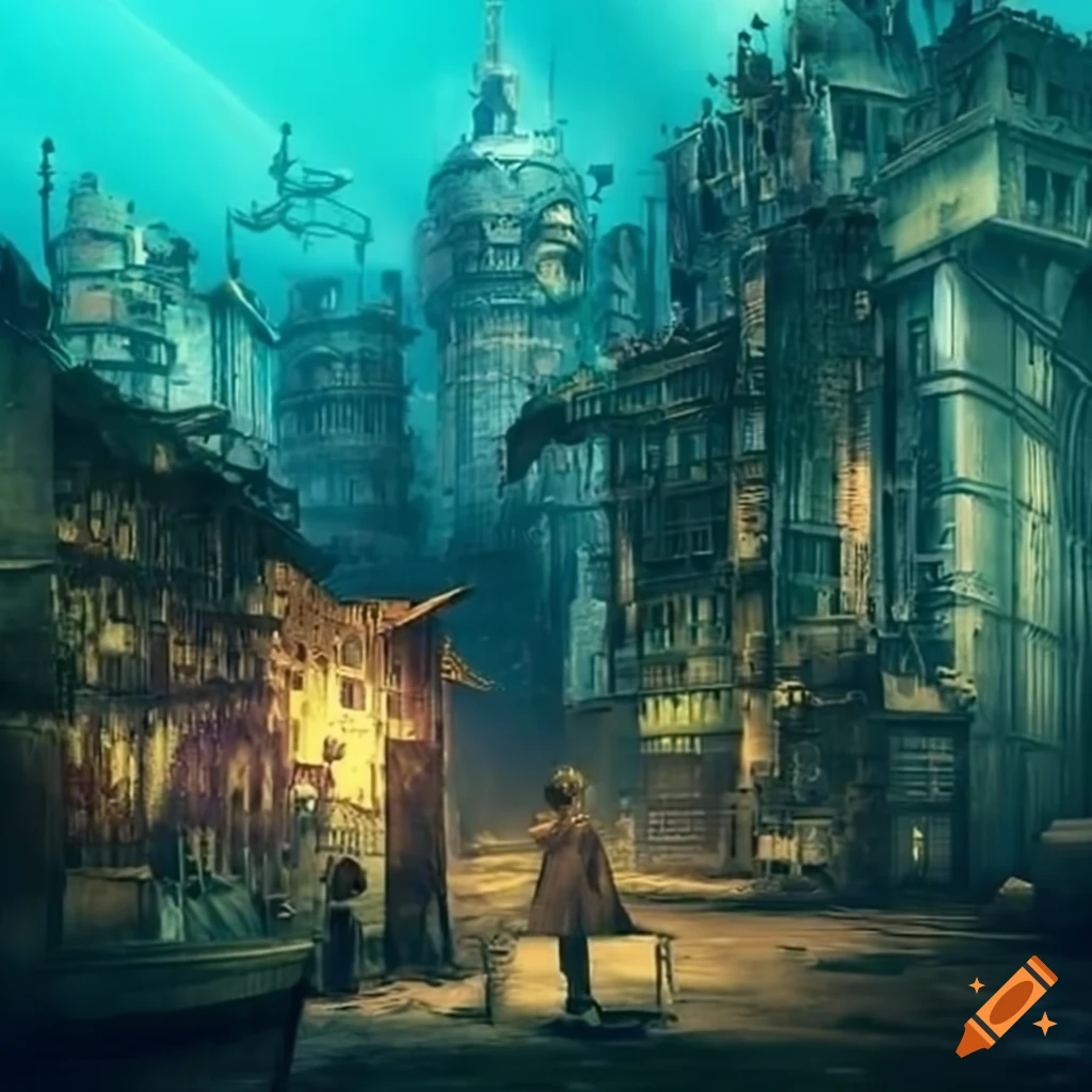 Steampunk cityscape during a hurricane on Craiyon