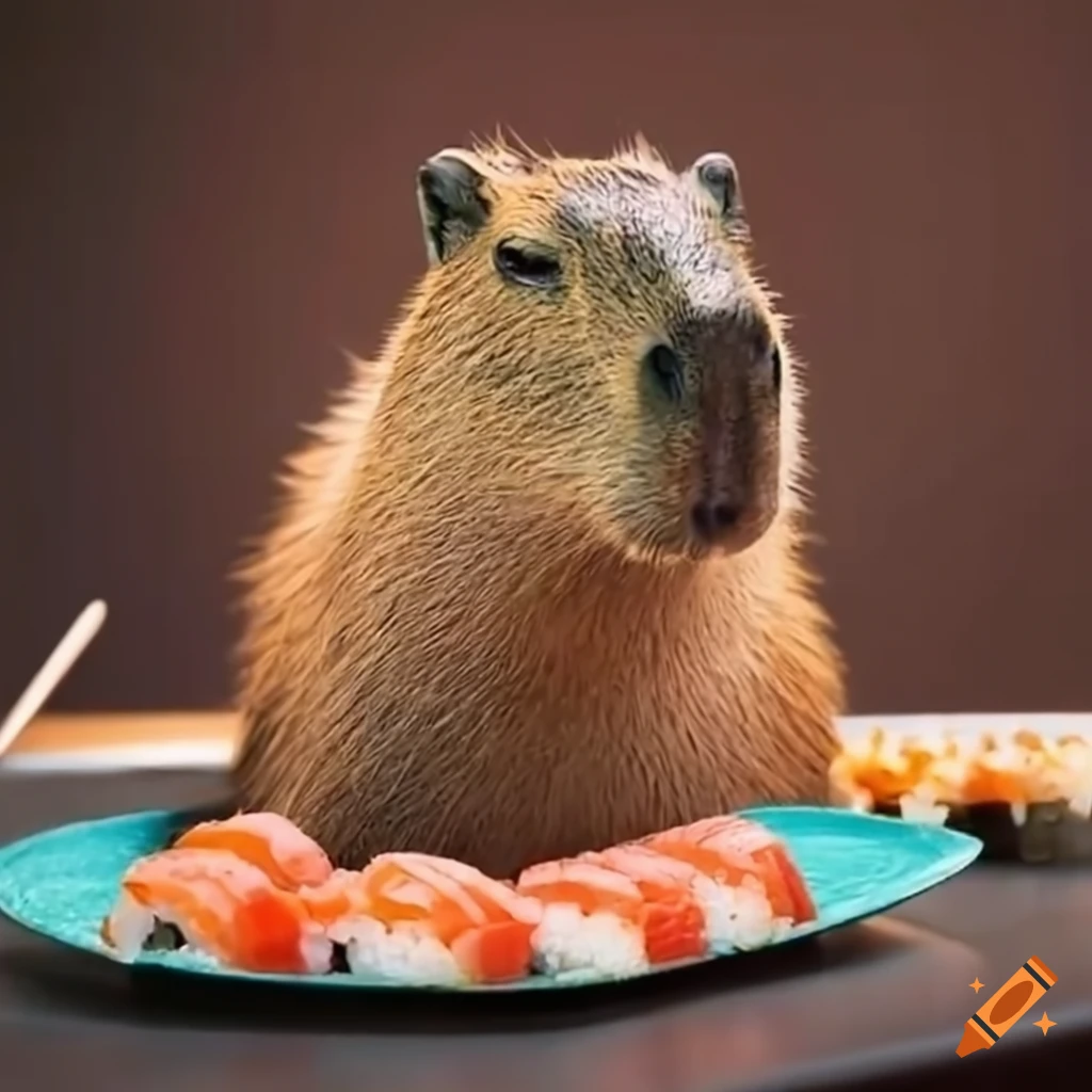 Capybara eating sushi in a restaurant on Craiyon