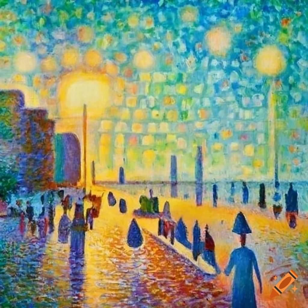 Havana malecon painting in seurat style