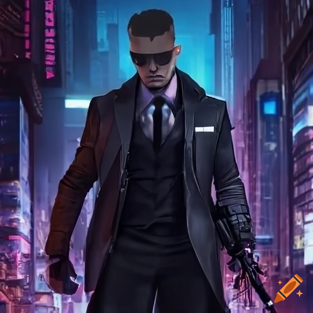 Cyberpunk-style bodyguard with sunglasses on Craiyon