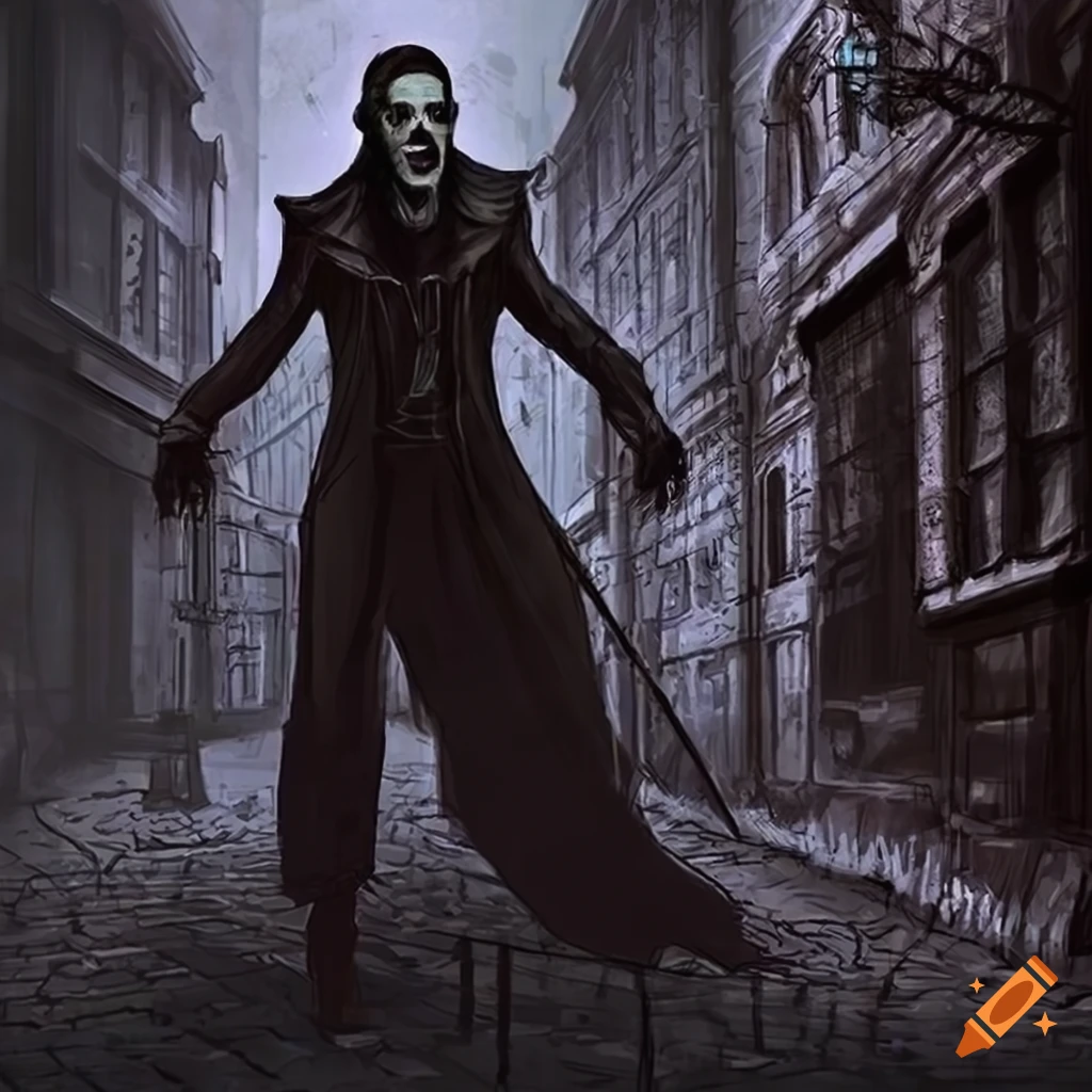 Detailed digital art of a Brujah vampire in a gothic street on Craiyon