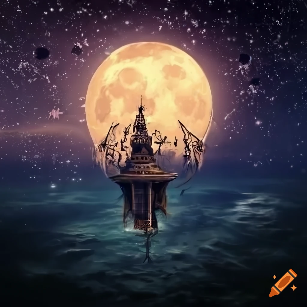 Steampunk floating city with roots and night sky