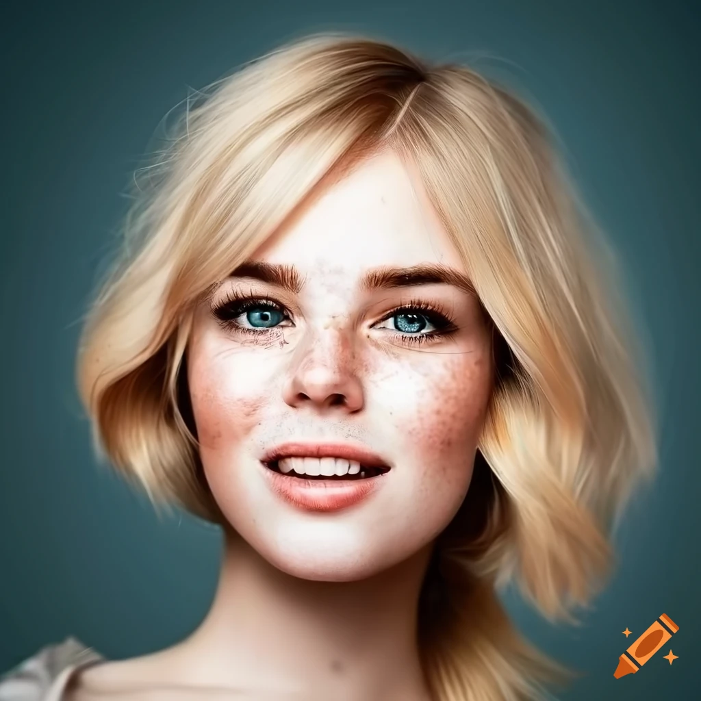 Beautiful young woman shoulder-length blonde hair very light freckles ...