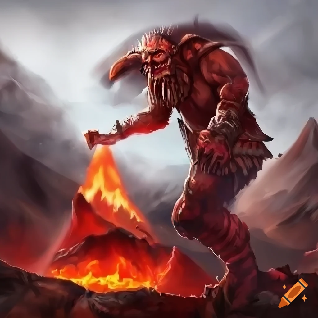 Artwork of a fiery white and red orc in volcanic mountains on Craiyon