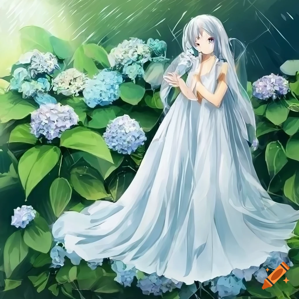 Anime girl with long wavy hair in a rainy hydrangea garden on Craiyon