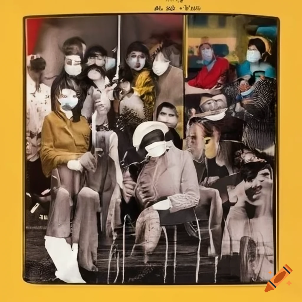 Dada collage of people wearing masks on a bus on Craiyon